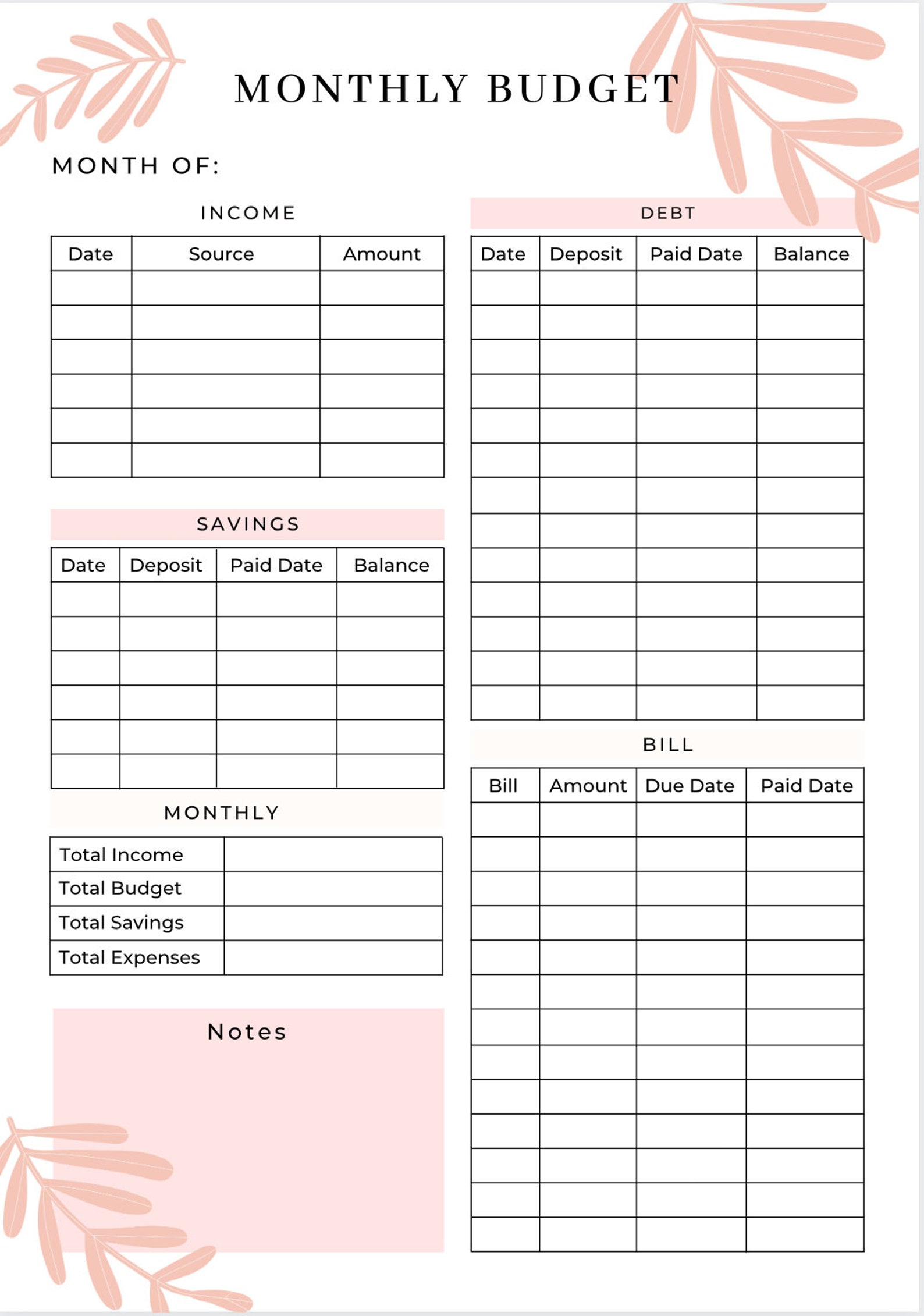 Pink Leaf Monthly Budgetfinancial Planningpaycheck - Etsy