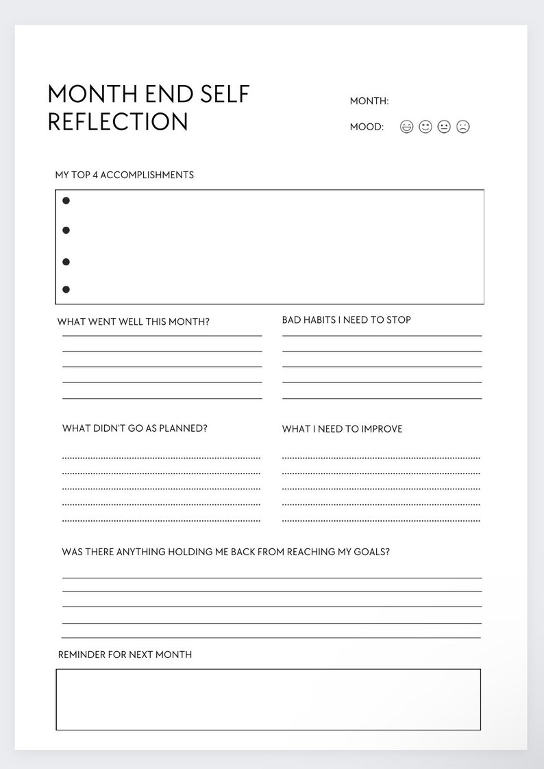End of Month Self Reflection Planner, Month End Reflection Planner,self ...