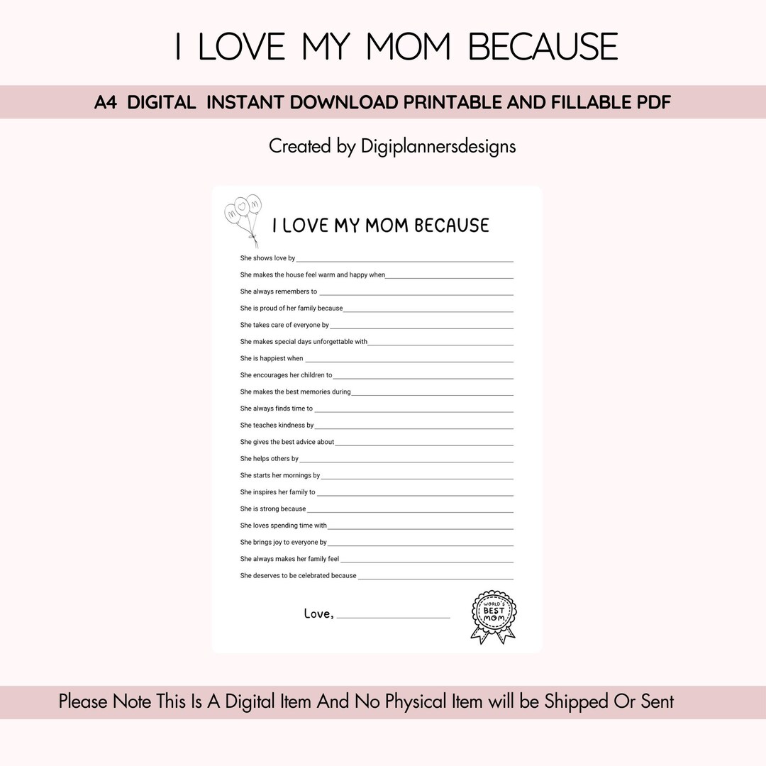 All About Mom,i Love My Mom Because,mothers Day Activity,mom Gift Idea ...