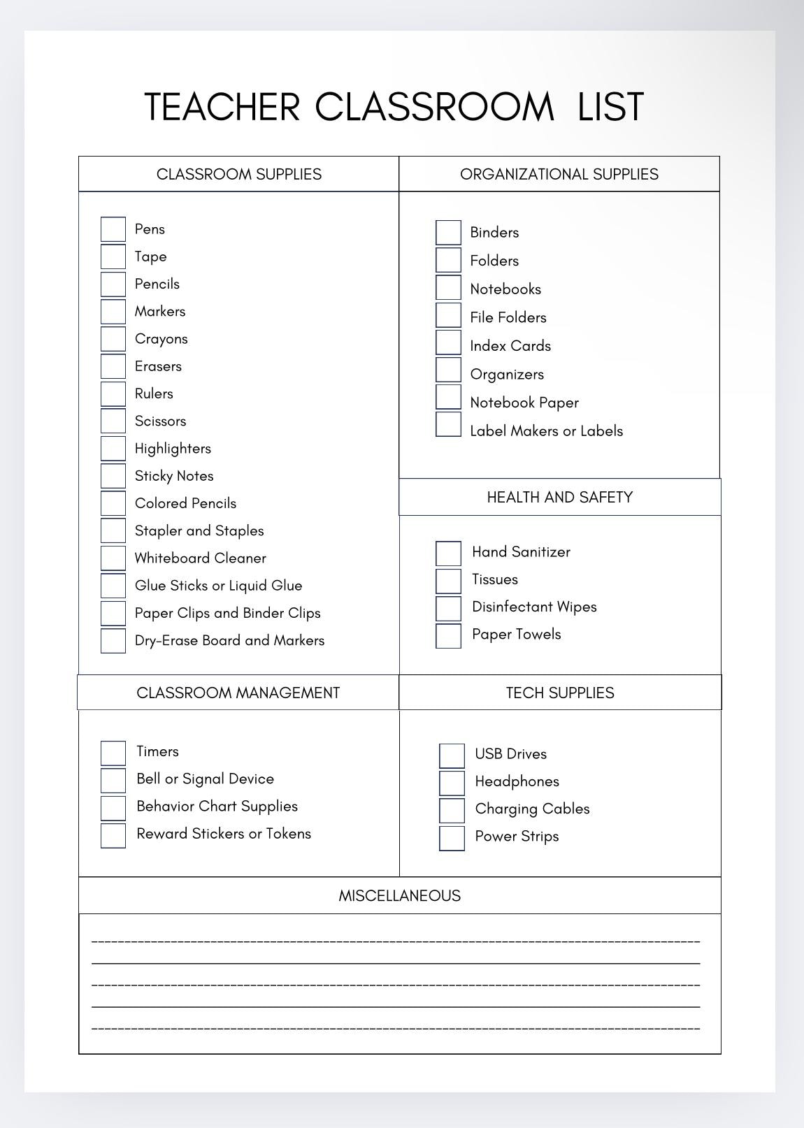Teacher Classroom List,teacher Checklist,classroom Setup,back to School ...