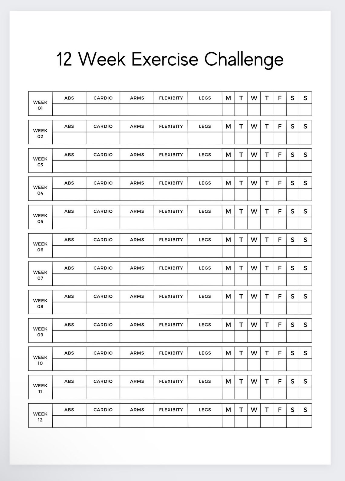 12 Week Exercise Challenge,workout Tracker,fitness Log,workbook Log ...
