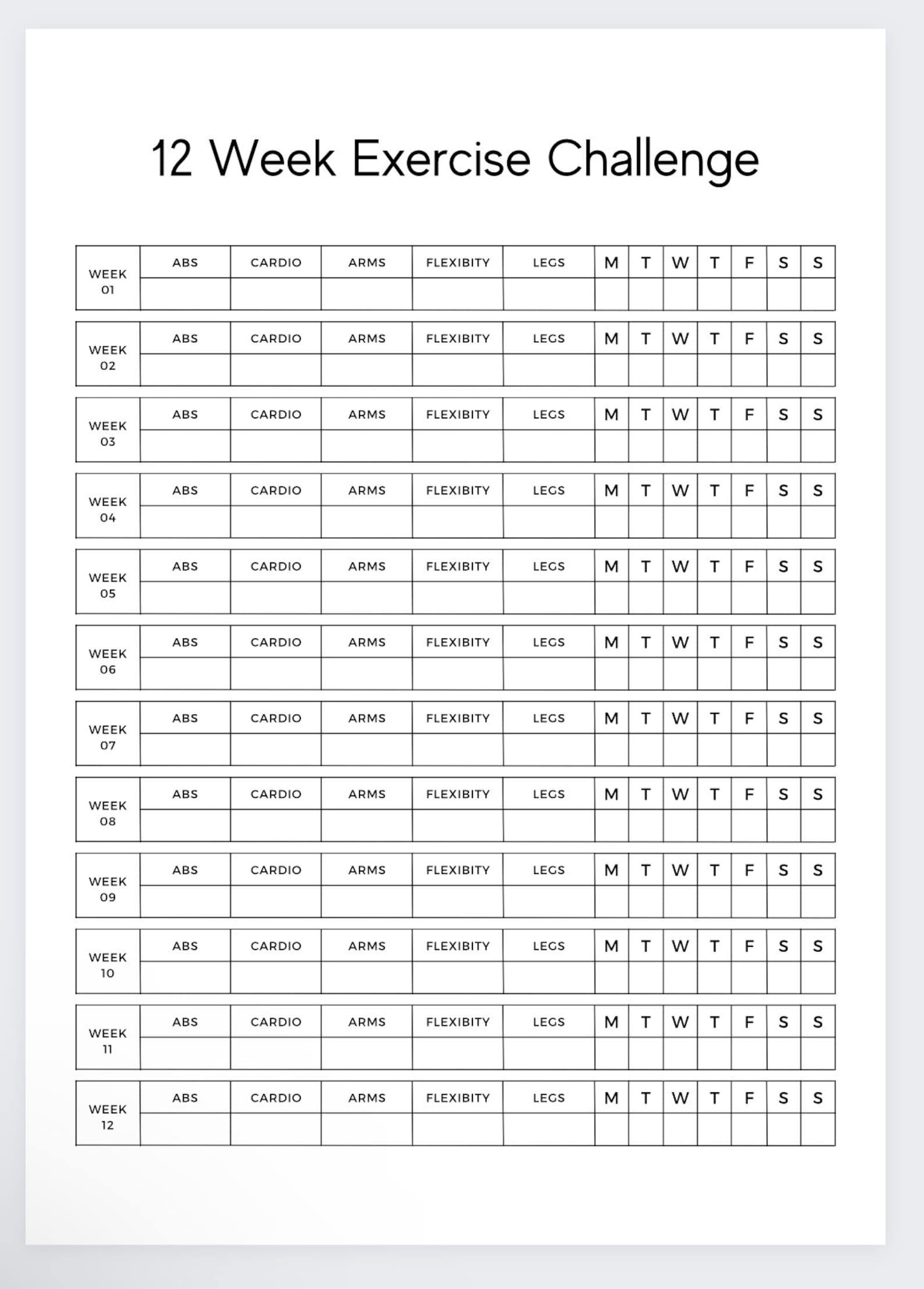 12 Week Exercise Challenge,workout Tracker,fitness Log,workbook Log ...