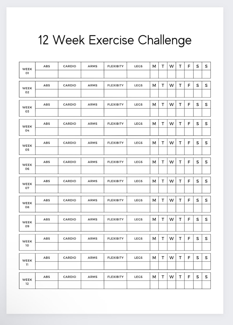 12 Week Exercise Challenge,workout Tracker,fitness Log,workbook Log ...