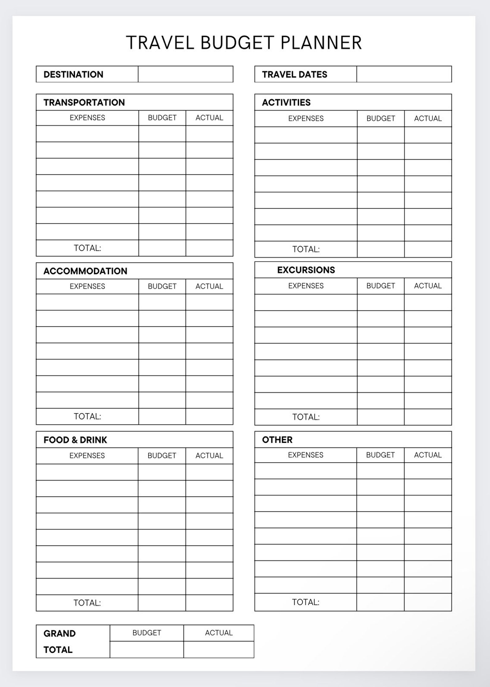 Travel Breakdown Budget Planner,vacation Budget Planner Printable ...