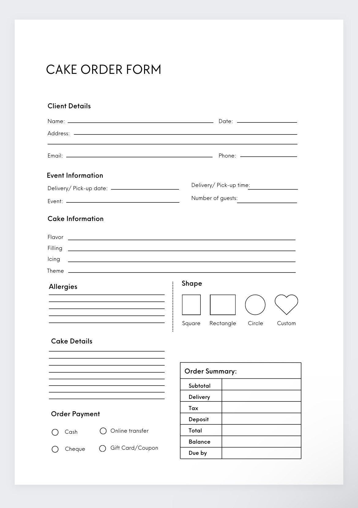Cake Order Form, Custom Cake Order Sheet, Bakery Order Tracker, Cake ...