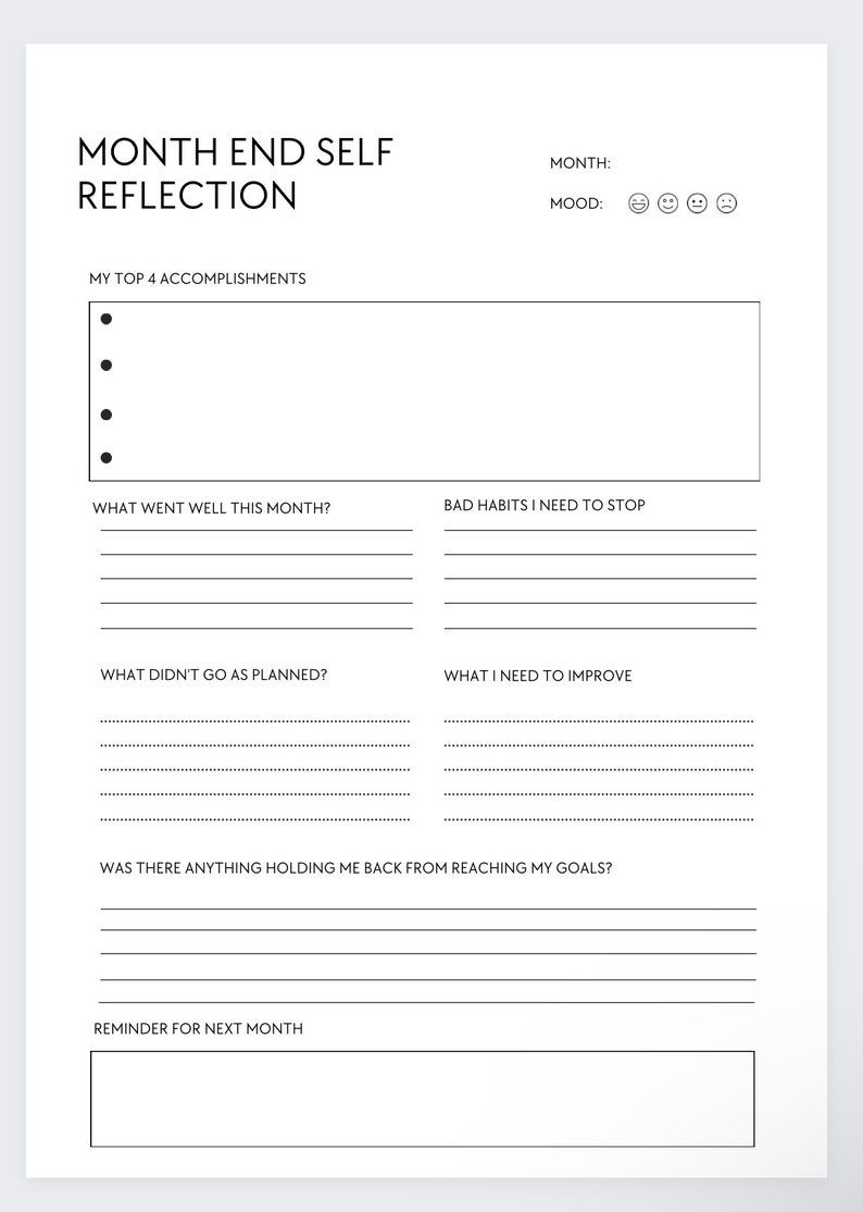 Month End Self Reflection Planner,monthly Reflection Journal,personal ...