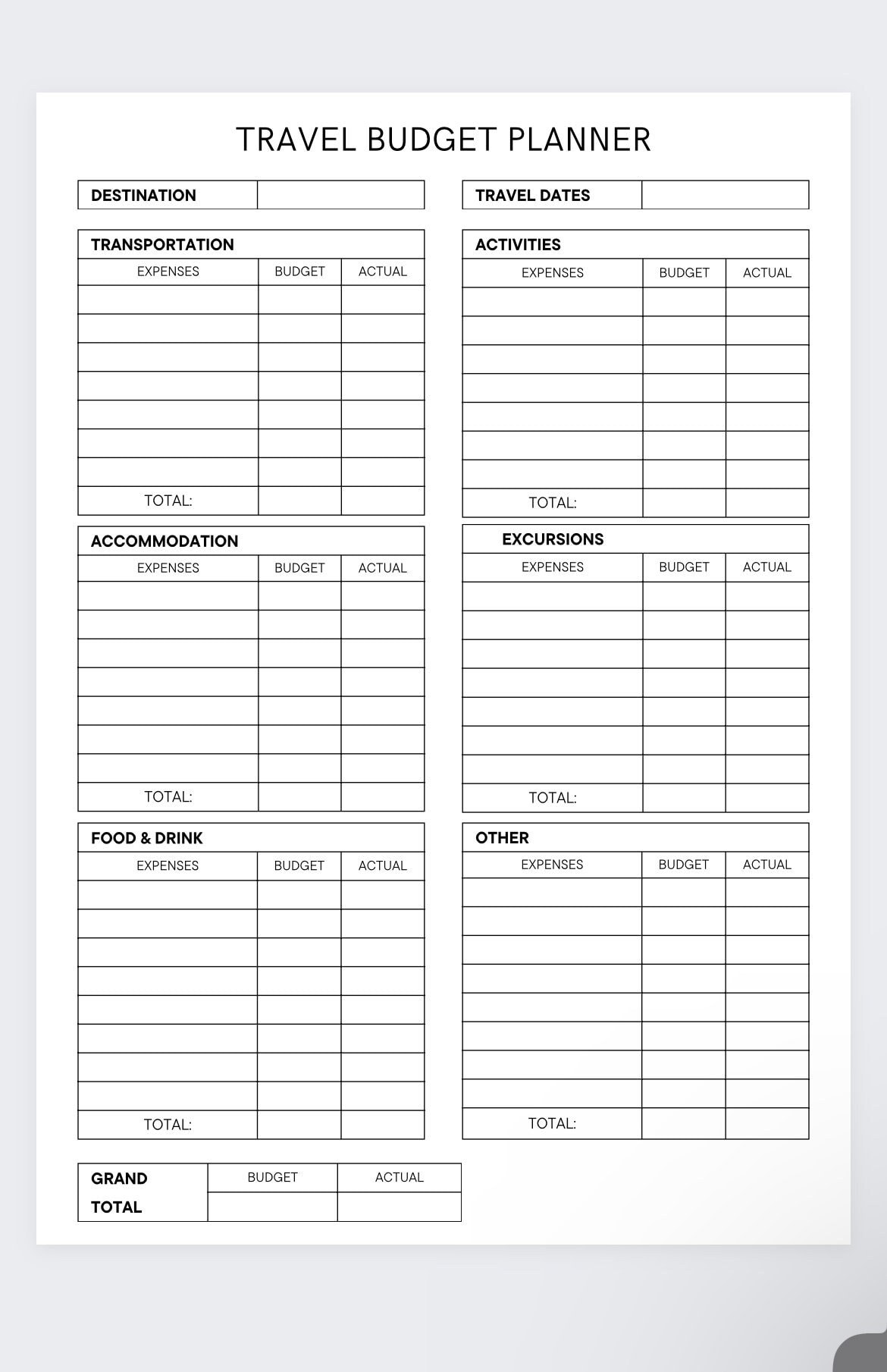 Travel Breakdown Budget Planner,vacation Budget Planner Printable ...