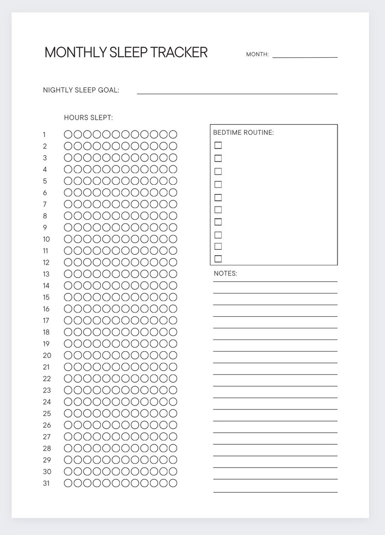 Sleep Tracker Printable, Monthly Sleep Log, Sleep Quality Journal ...