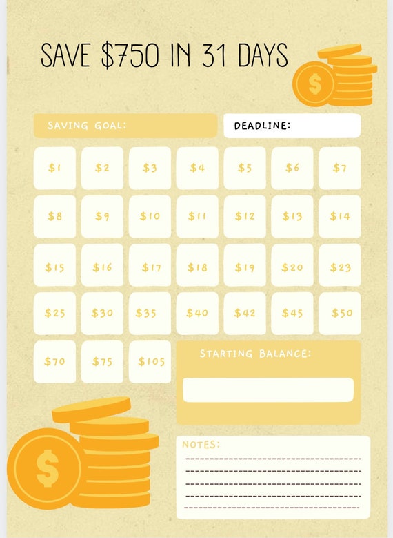 Save 750 in a Month Money Challenge Saving Challenge Budget - Etsy