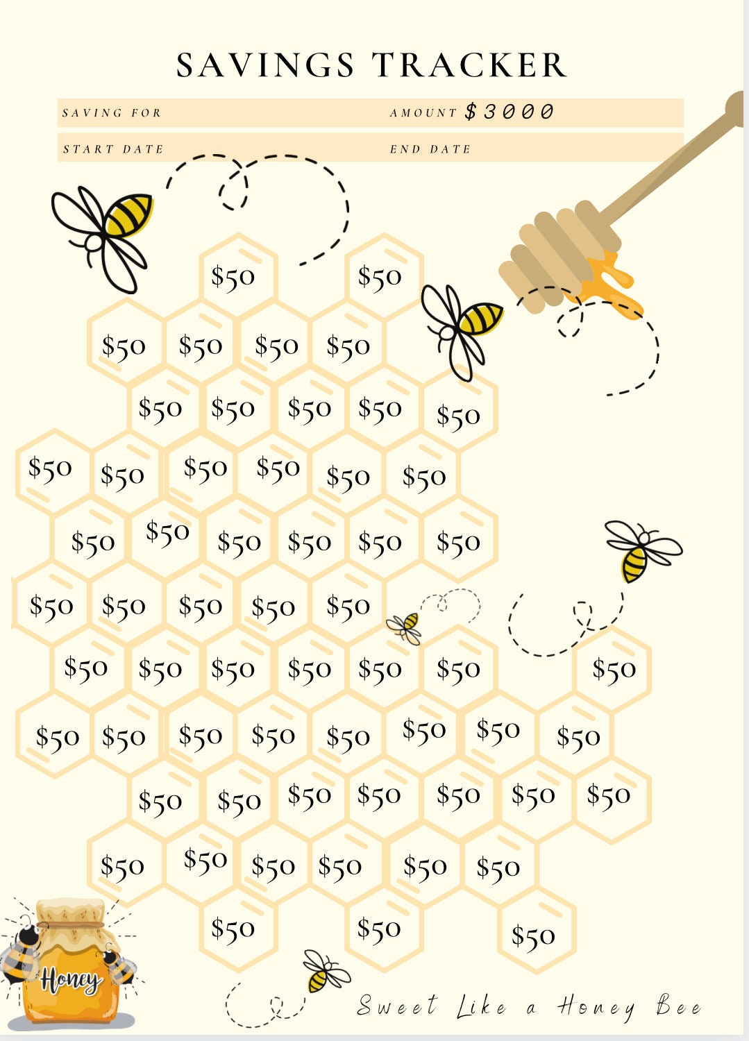 Honey Bee Save 3000 Money Challenge Savings Trackersavings - Etsy