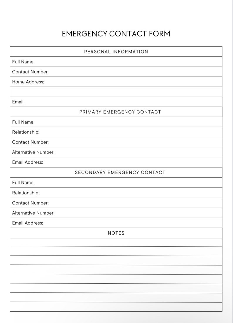Emergency Contact Form Printable PDF, Family Safety Information Sheet ...