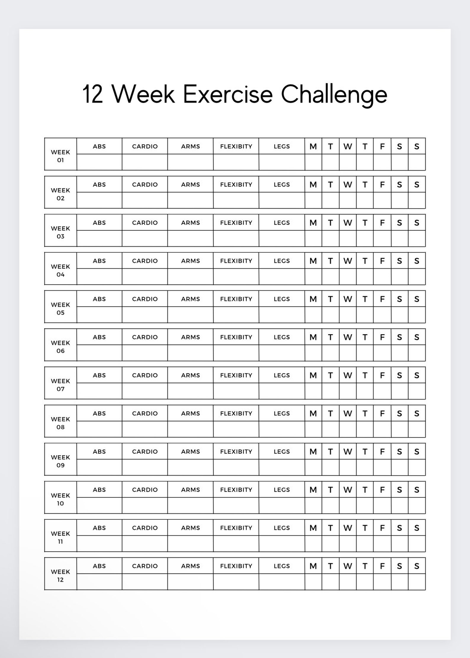 12 Week Exercise Challenge,workout Tracker,fitness Log,workbook Log ...