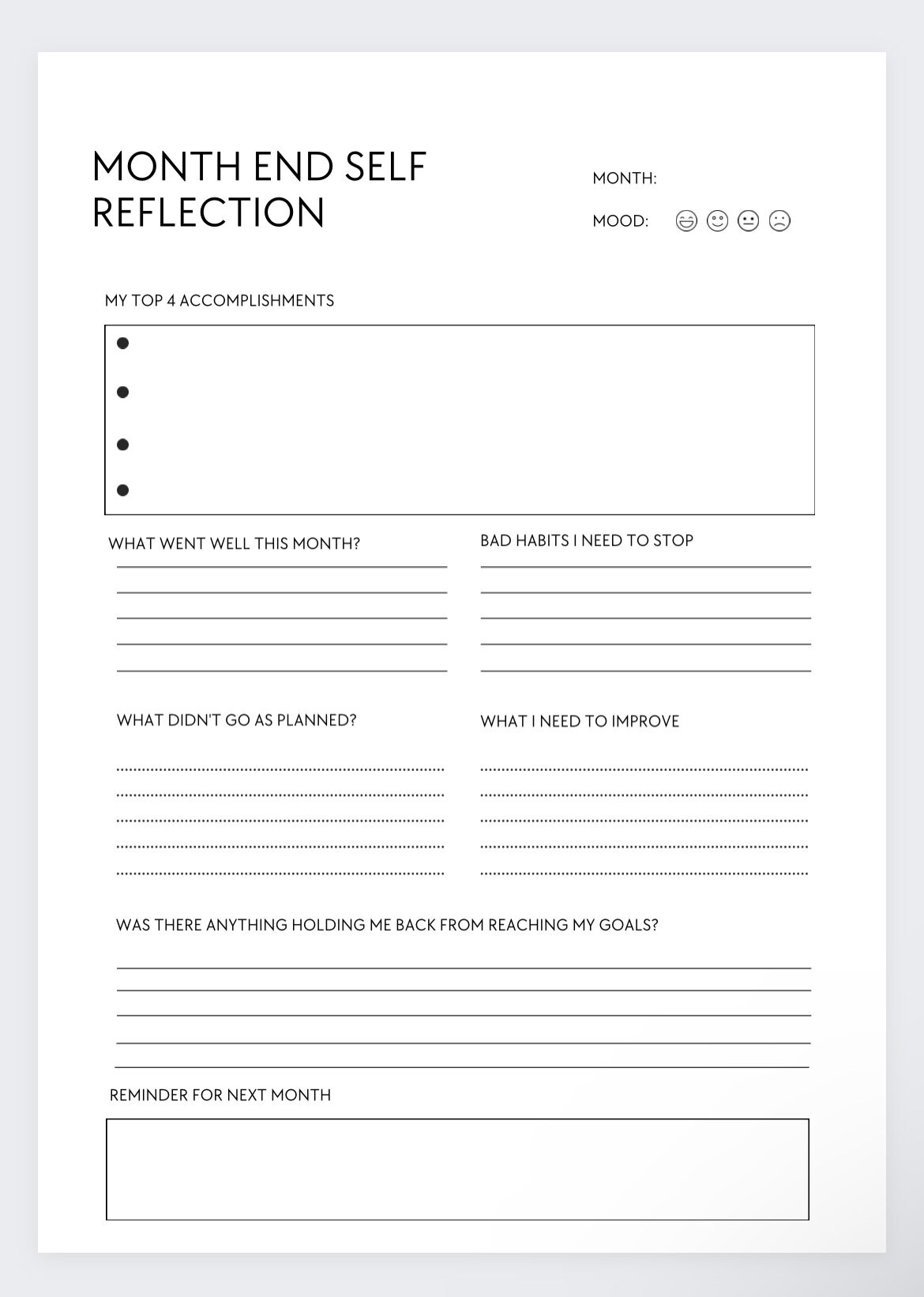 End of Month Self Reflection Planner Month End Reflection - Etsy