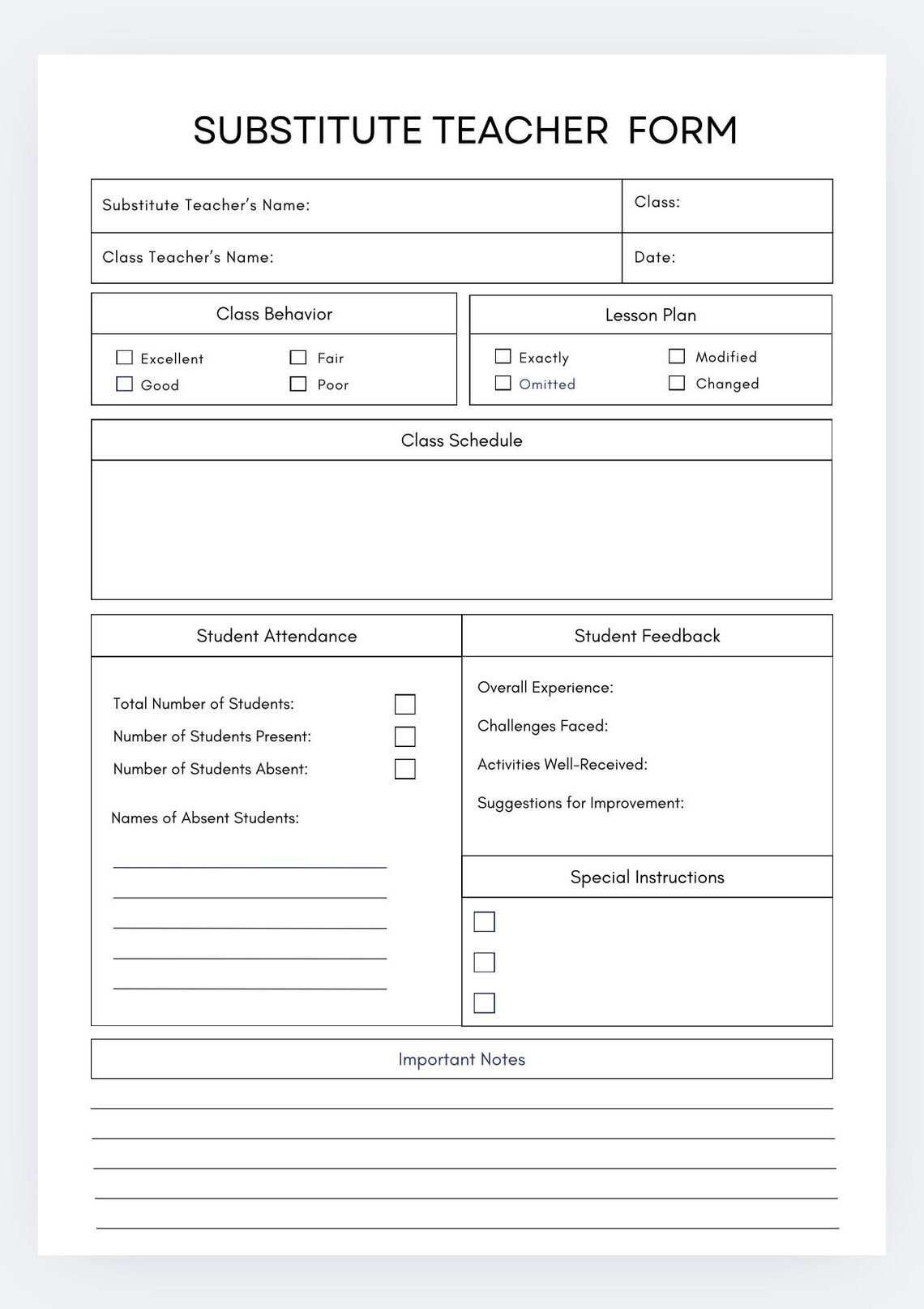 Substitute Teacher Form,lesson Planner,substitute Planner,teacher Sub ...