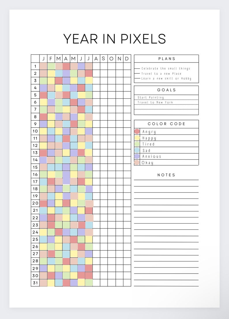 Year in Pixels, Mood Tracker, Daily Mood Log, Habit Tracker, Self Care ...