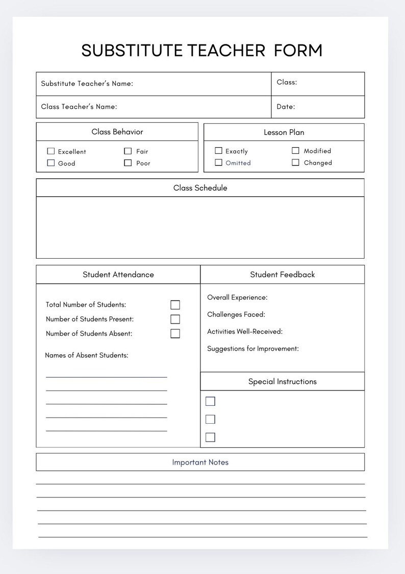 Substitute Teacher Form,lesson Planner,substitute Planner,teacher Sub Plan,lesson Plan Sheet ...