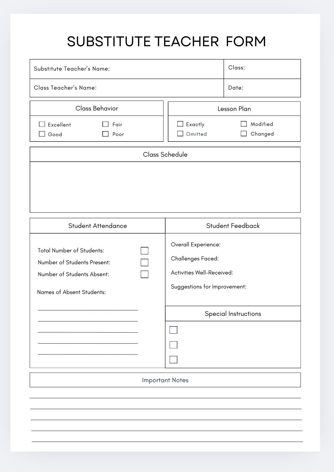 Substitute Teacher Form,lesson Planner,substitute Planner,teacher Sub Plan,lesson Plan Sheet ...
