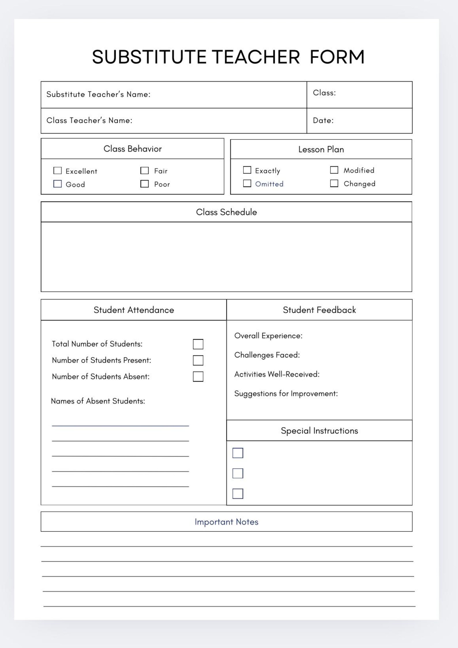 Substitute Teacher Form,lesson Planner,substitute Planner,teacher Sub ...