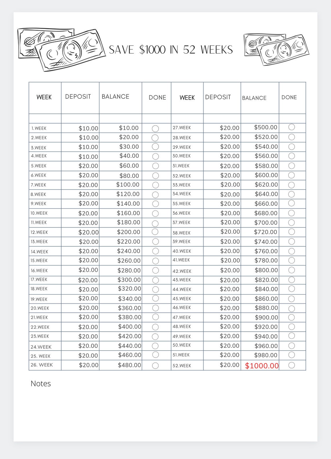 Save 1000 in 52 Weeks Money Challengesavings Challenge | Etsy