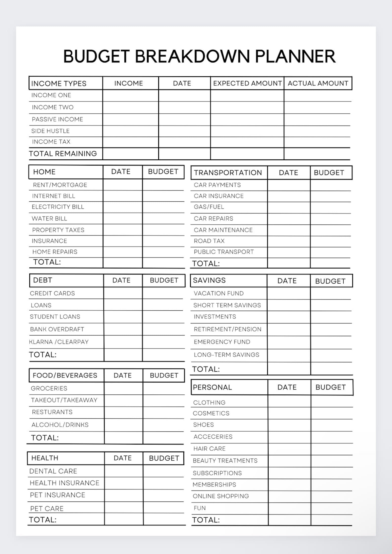 Budget Breakdown Planner,financial Planning,paycheck Budget,finance ...