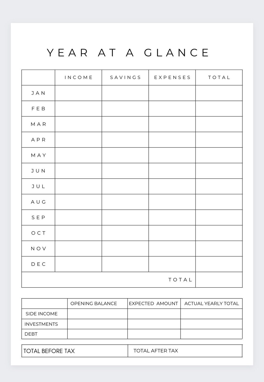 Year at a Glance,finance Tracker,annual Finance Planner,yearly Income ...