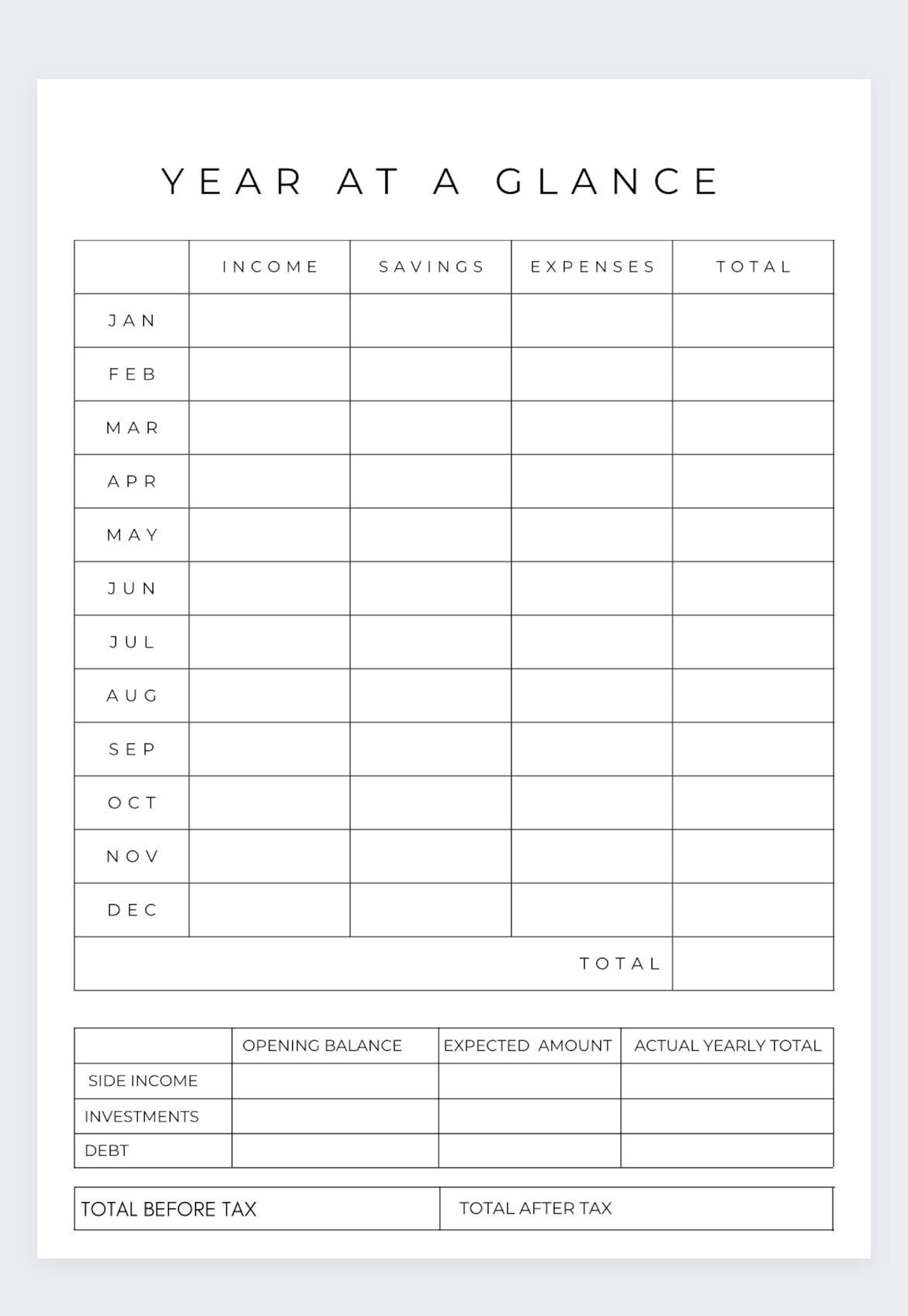 Year at a Glance,finance Tracker,annual Finance Planner,yearly Income ...