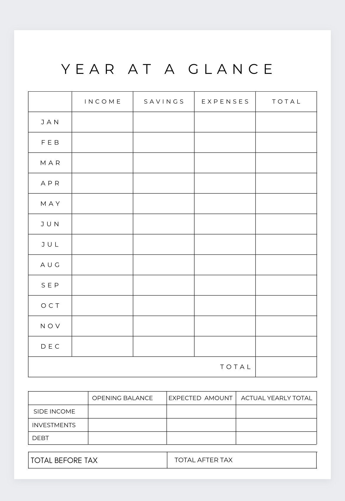 Year at a Glance,finance Tracker,annual Finance Planner,yearly Income ...