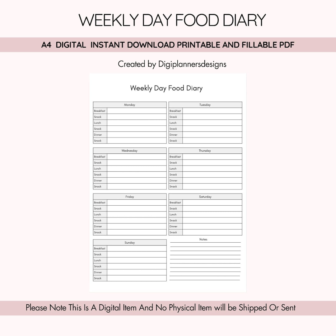 Grey Weekly Day Food Diary,meal Tracker,diet Planner,nutrition Log ...