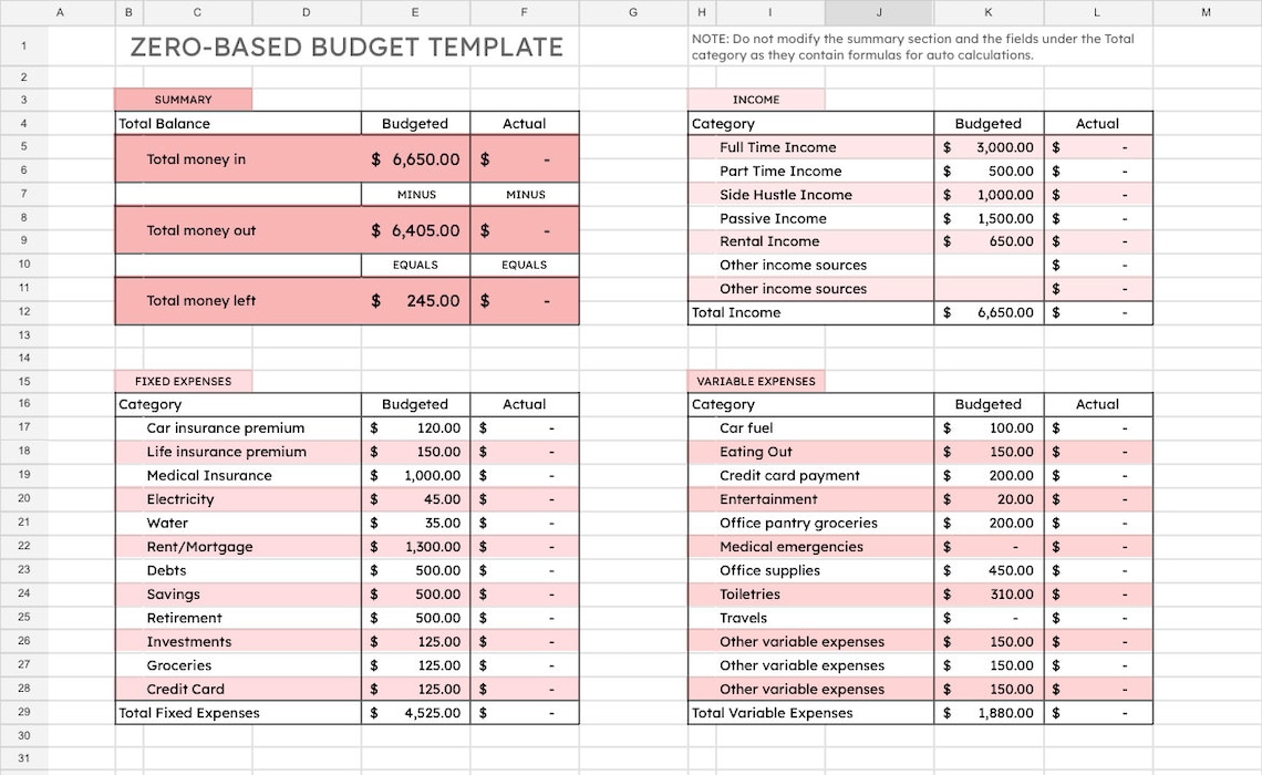 Zero Based Budget Spreadsheet, Google Sheets, Digital Finance ...