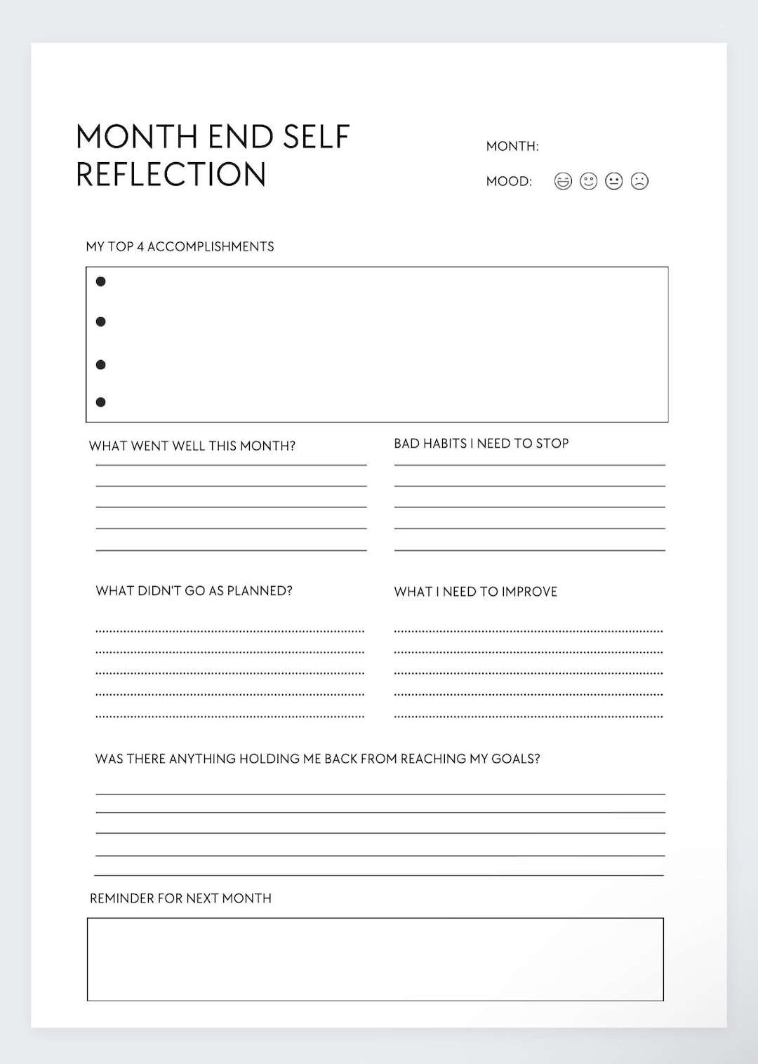 End of Month Self Reflection Planner, Month End Reflection Planner,self ...