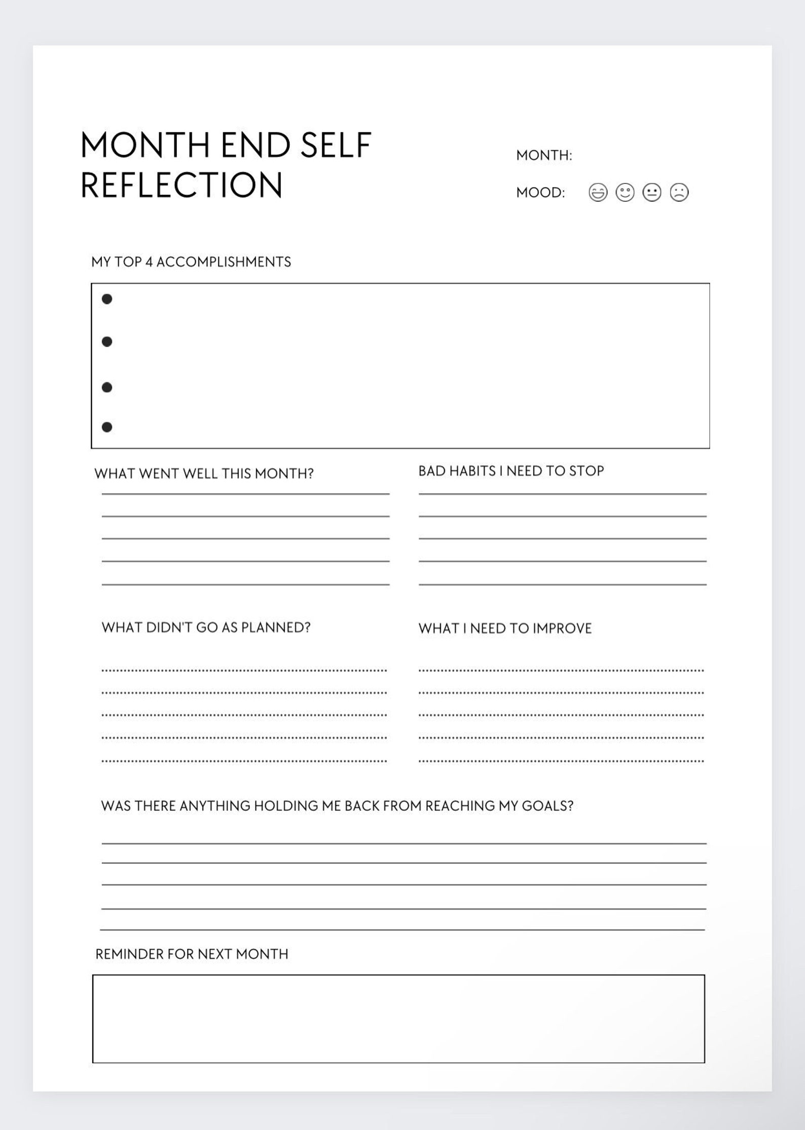 Month End Self Reflection Planner,monthly Reflection Journal,personal ...