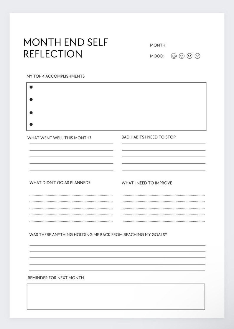 Month End Self Reflection Planner,monthly Reflection Journal,personal ...