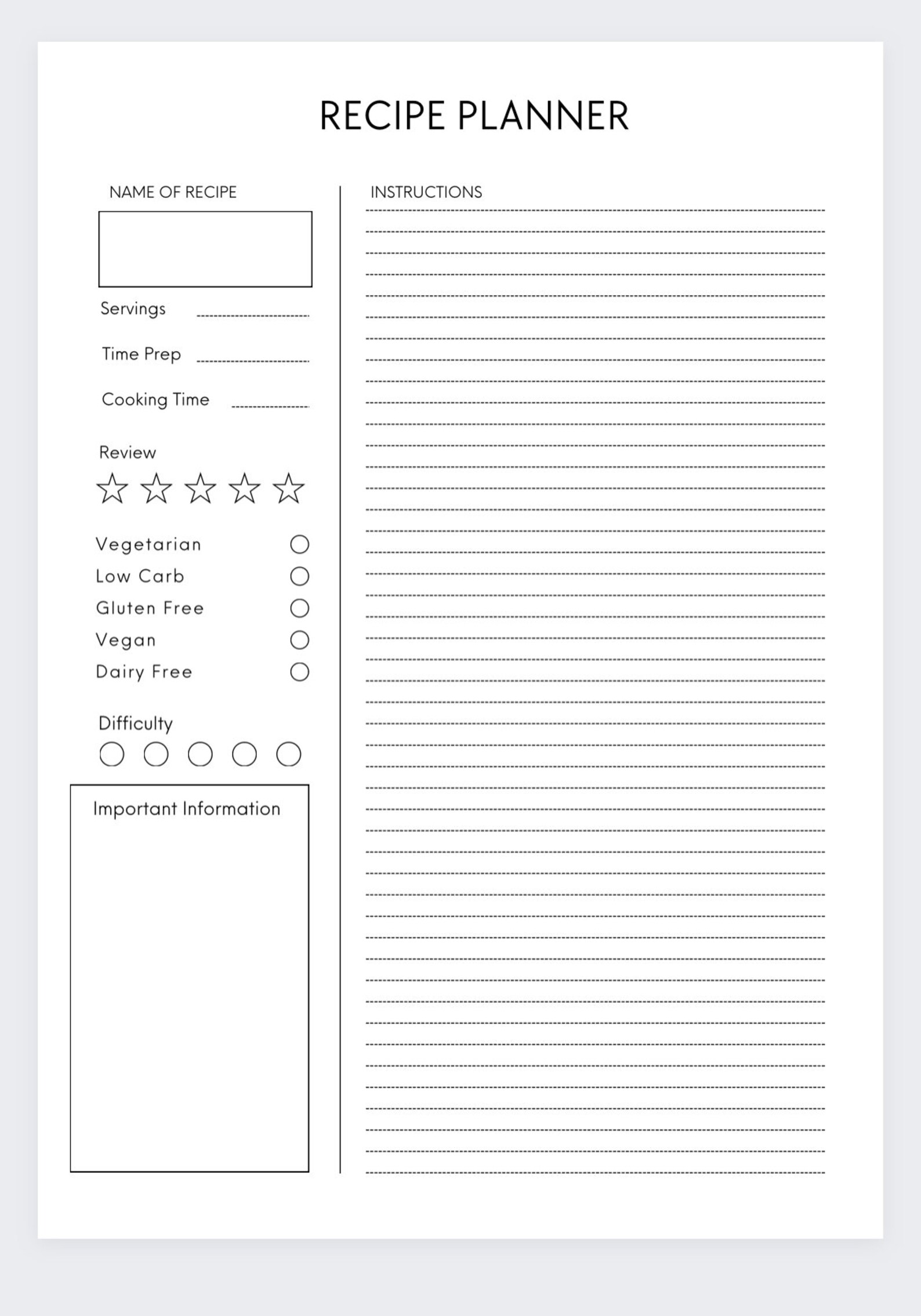 Recipe Planner Card,family Recipe,food Planner,recipe Book,meal ...