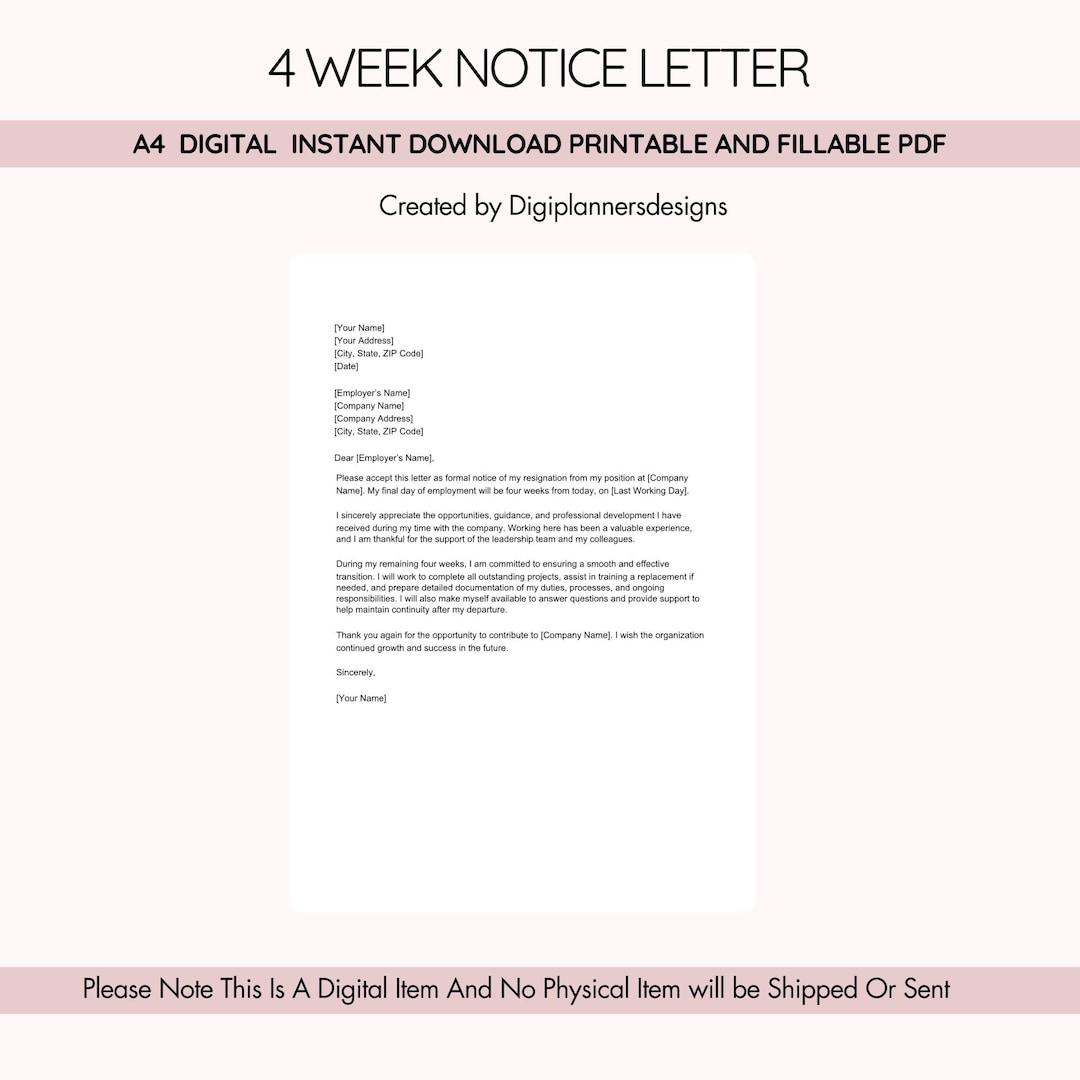 4 Week Notice Letter Template, Resignation Letter, Notice to Employer ...