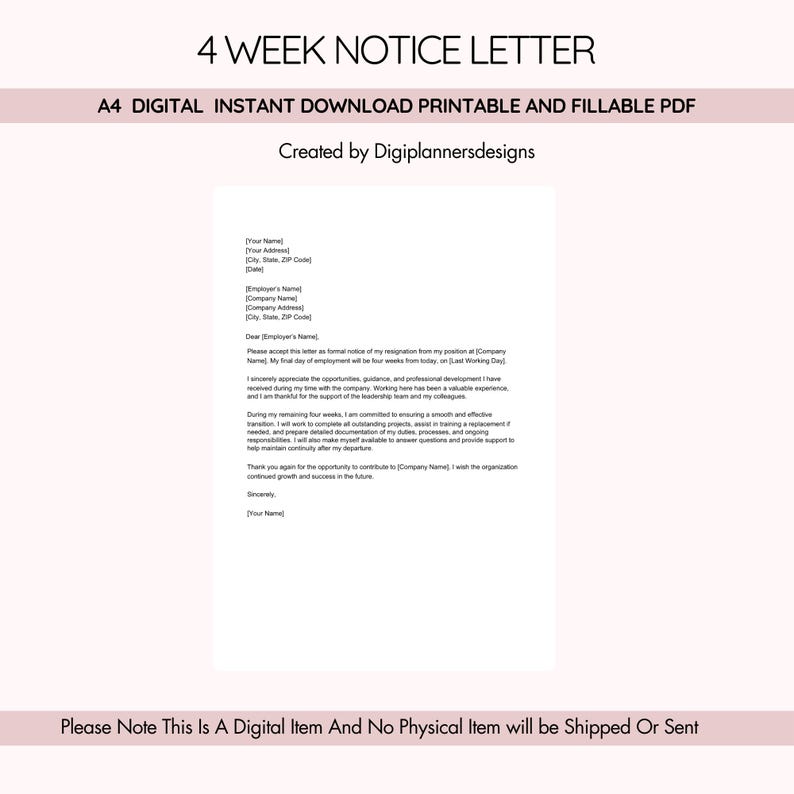 4 Week Notice Letter Template, Resignation Letter, Notice to Employer ...