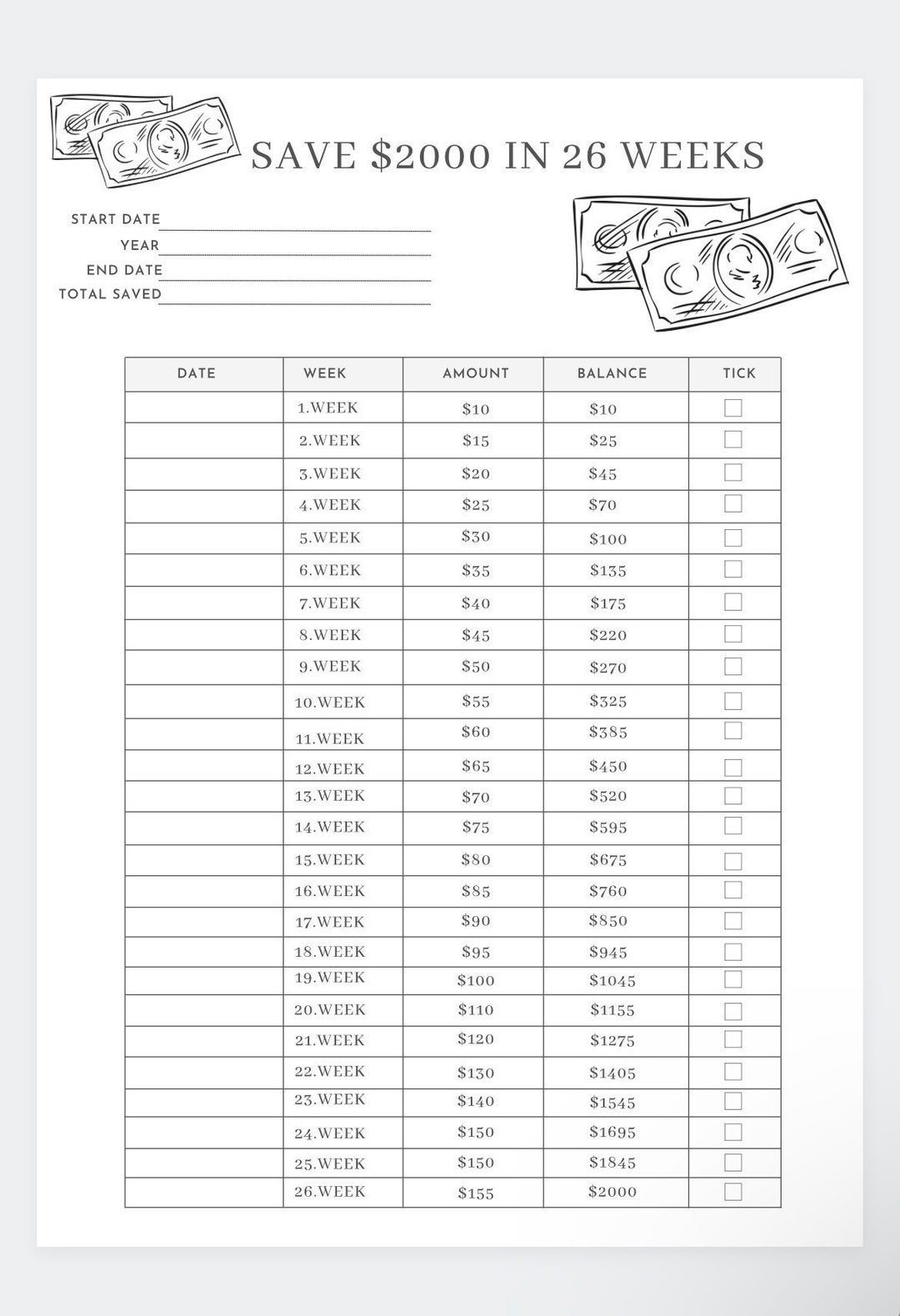 Save 2000 in 26 Weeks Money Challenge,money Saving Challenge, Savings ...