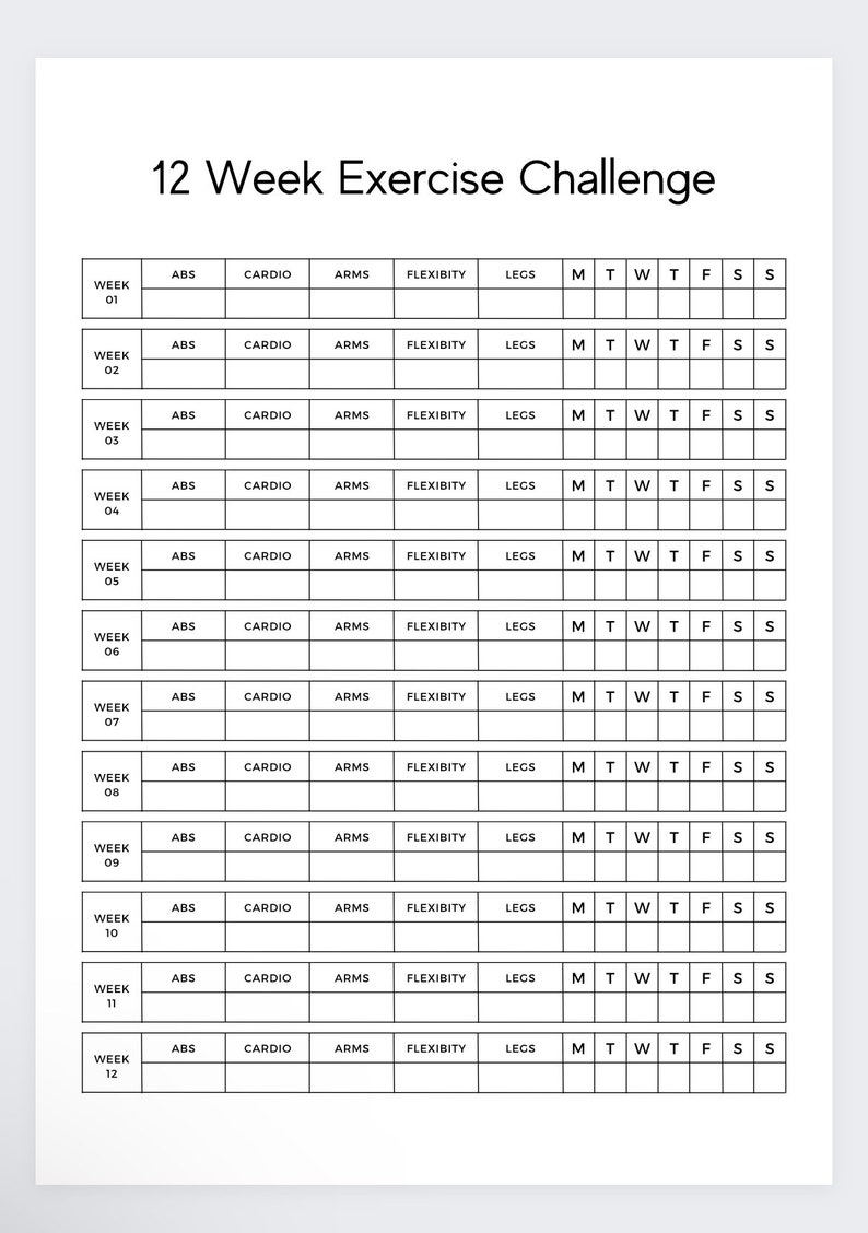 12 Week Exercise Challenge,workout Tracker,fitness Log,workbook Log ...