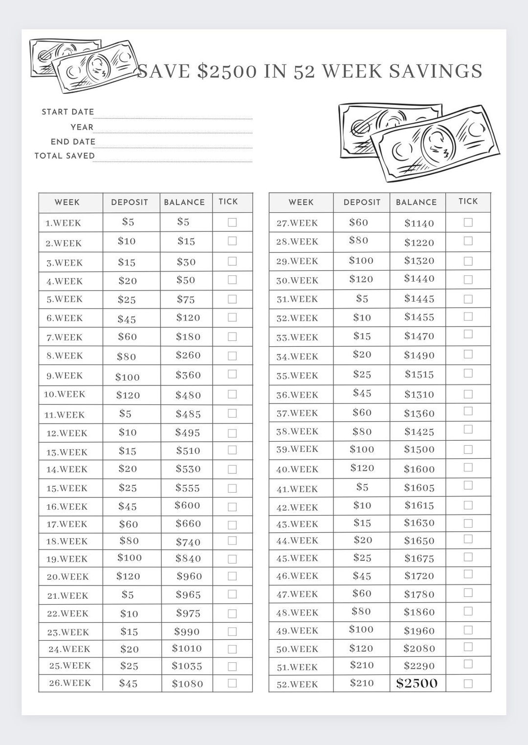 Save 2500 in 52 Weeks Money Challenge, Saving Challenge,52 Weeks ...