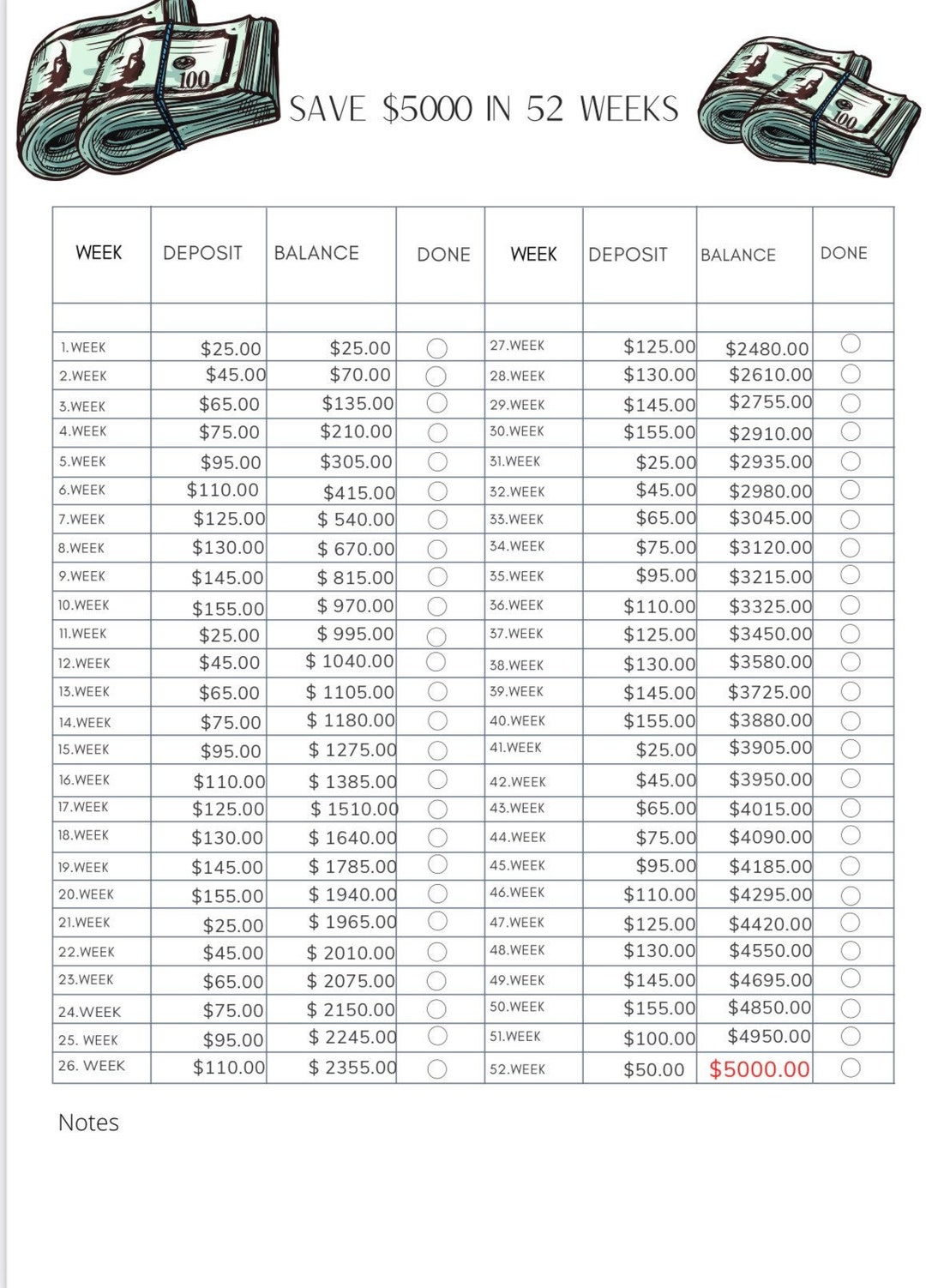 Save 5000 in 52 Weeks Money Challenge,money Challenge Printable, 52 ...