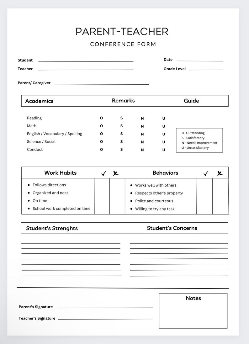Parent Teacher Conference Form,student Progress Sheet,teacher Planner ...