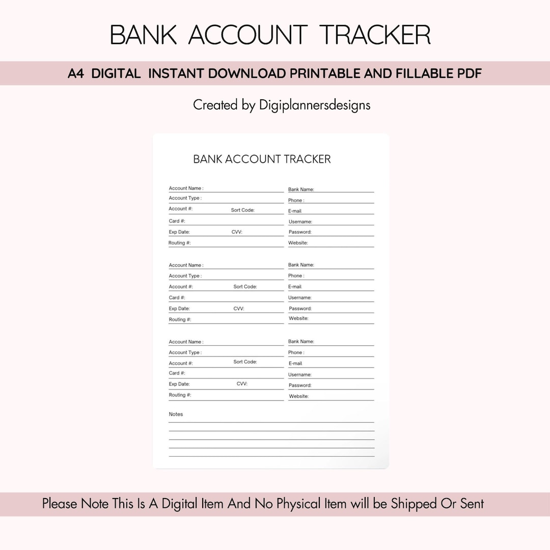 Bank Account Tracker, Money Management Log, Finance Tracker, Budgeting ...