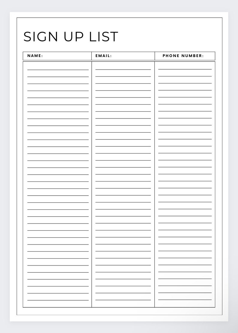 Sign up List, Signup Sheet, Registration Sheet, Attendance Log, Contact ...