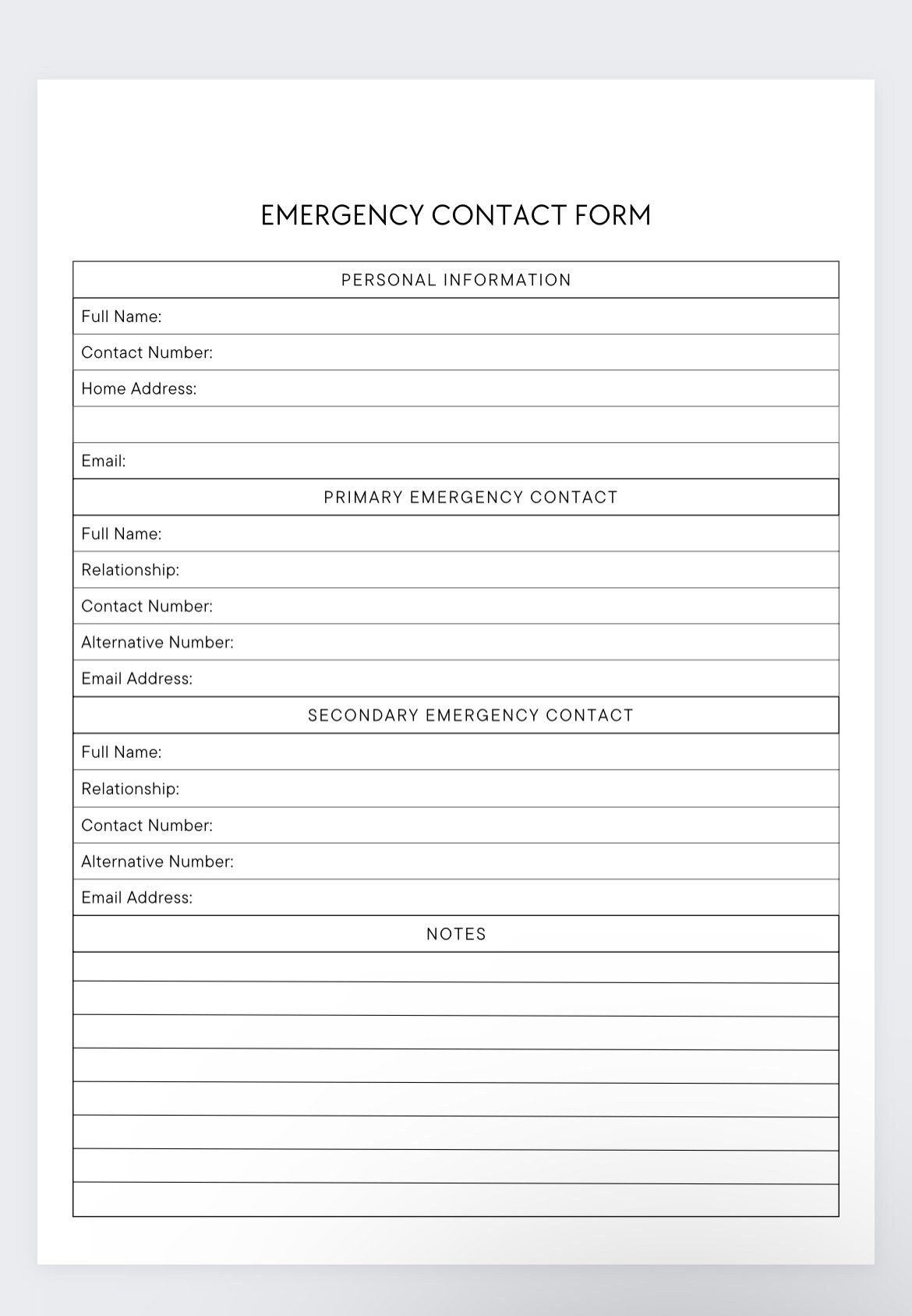 Emergency Contact List Planner: Information Sheet Template - Etsy