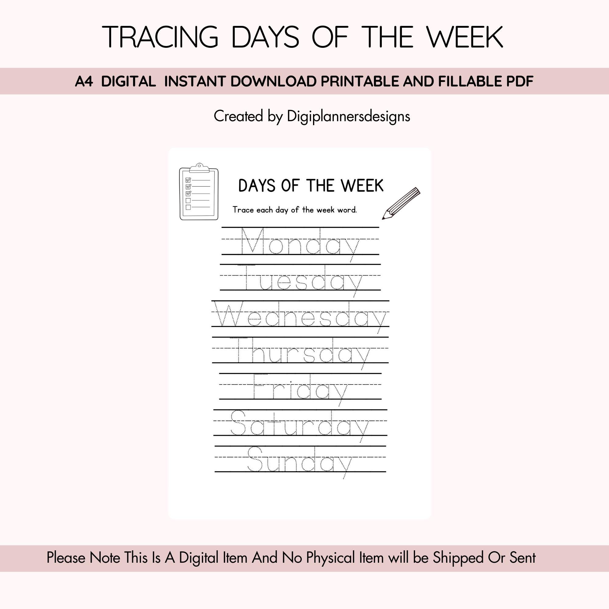 Tracing Days of the Week Printable, Writing Practice, Preschool ...