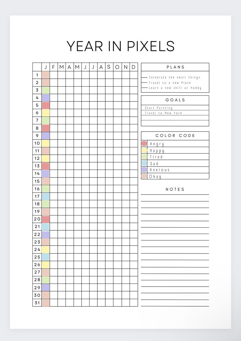 Year in Pixels, Mood Tracker, Daily Mood Log, Habit Tracker, Self Care ...