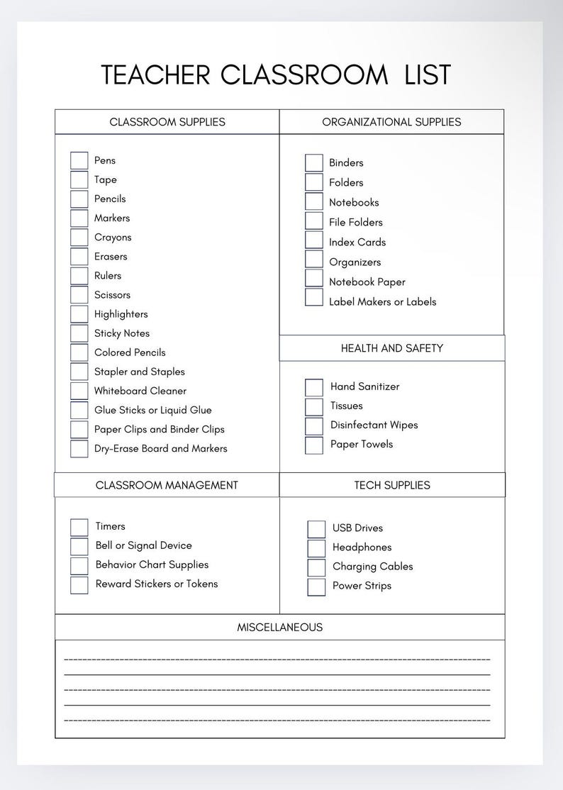 Teacher Classroom List,teacher Checklist,classroom Setup,back to School ...