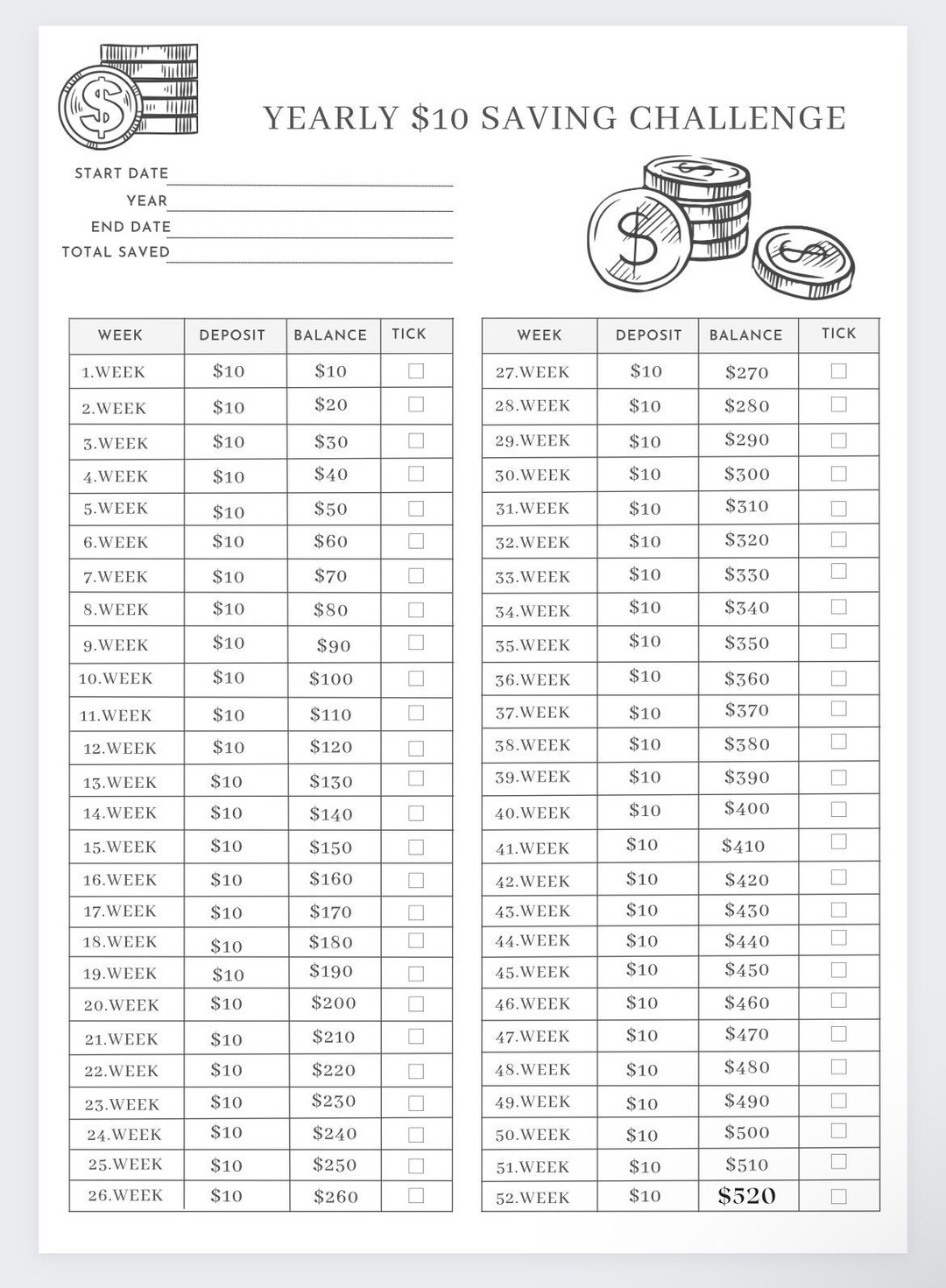 10 Dollar Every Week,money Challenge,money Saving Challenge Printable ...