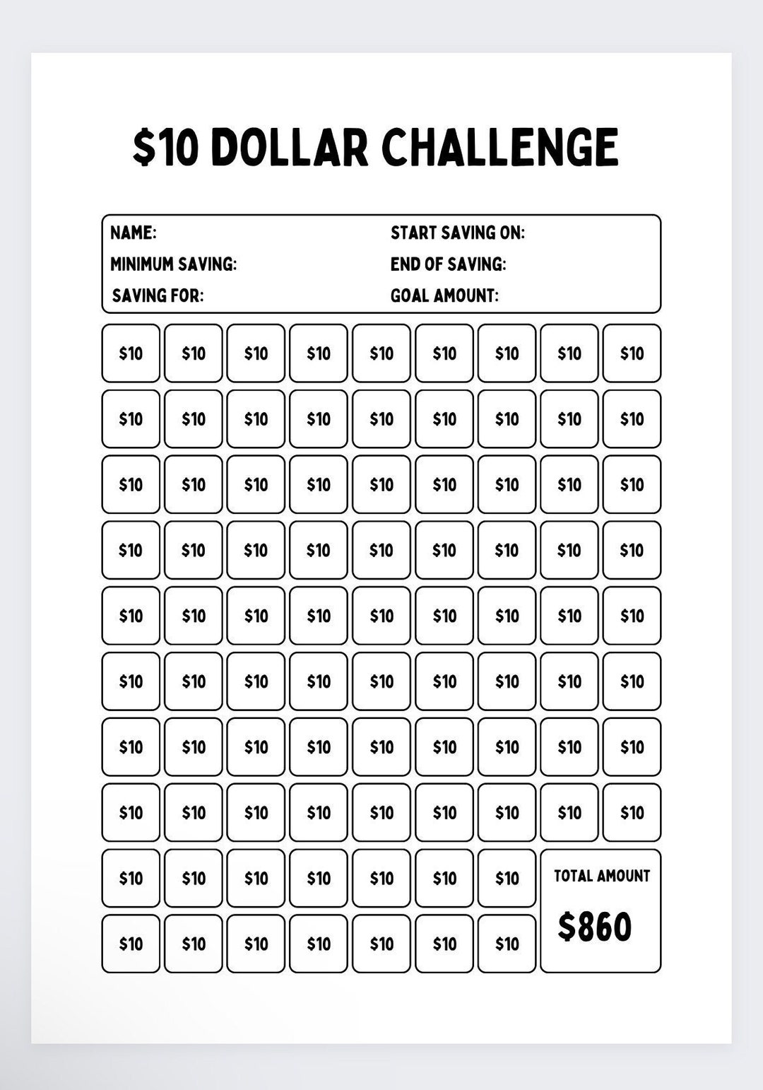 10 Dollar Saving,printable Savings Challenge,savings Tracker,savings ...