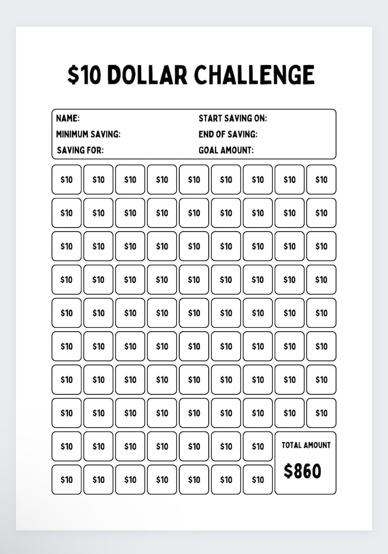 10 Dollar Saving,printable Savings Challenge,savings Tracker,savings ...