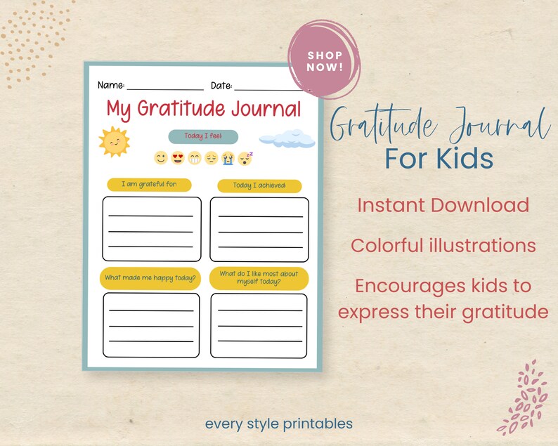 Printable Gratitude Journal for Kids, Kid's Daily Journal, Printer ...